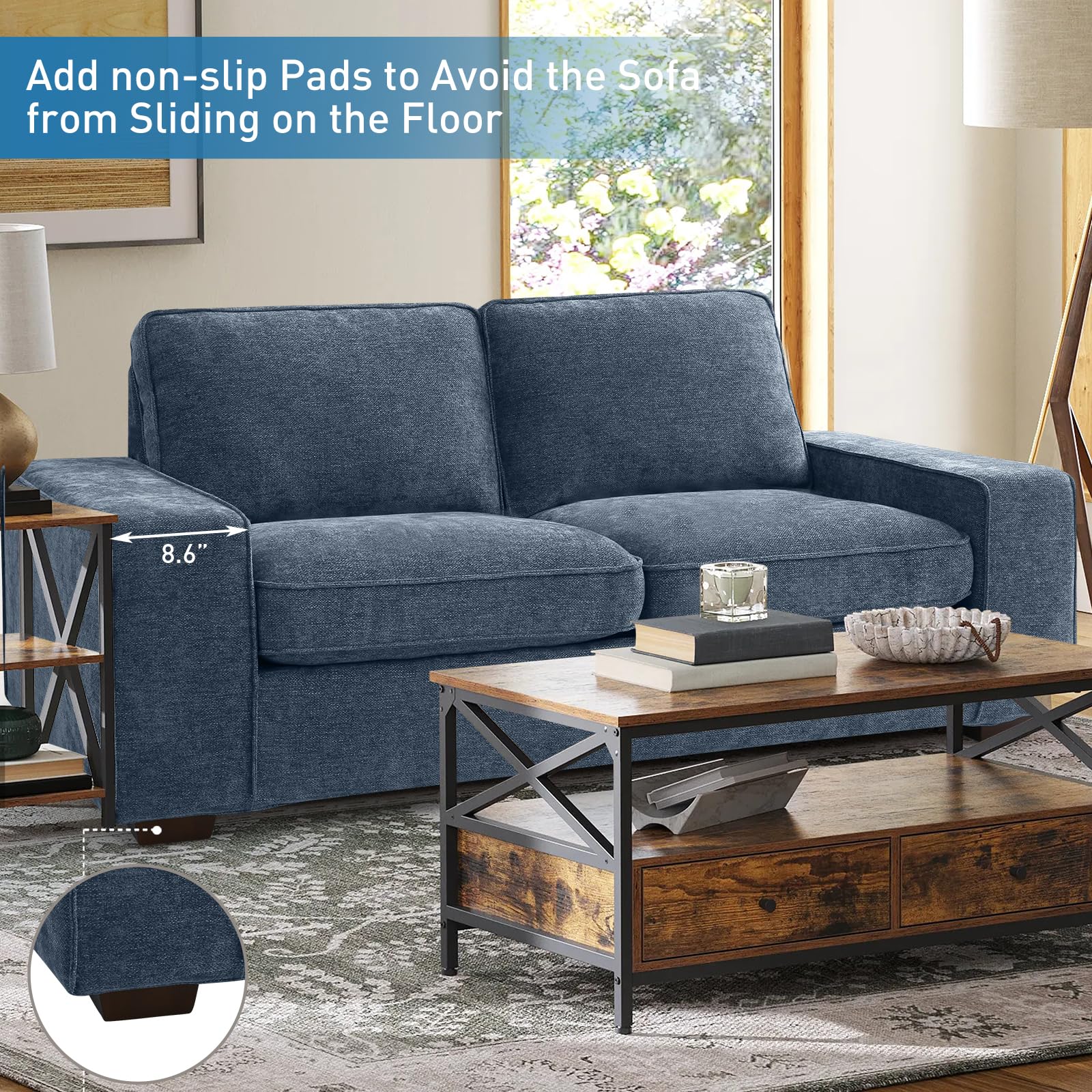 MAEVIS 71.25'' Modern Loveseat Sofa for Living Room Couch with Wide Arm,Fabric Chenille Sofa Couches with Solid Wood Frame for Small Space,Removable Sofa Cushion and Detachable Sofa Cover,Blue