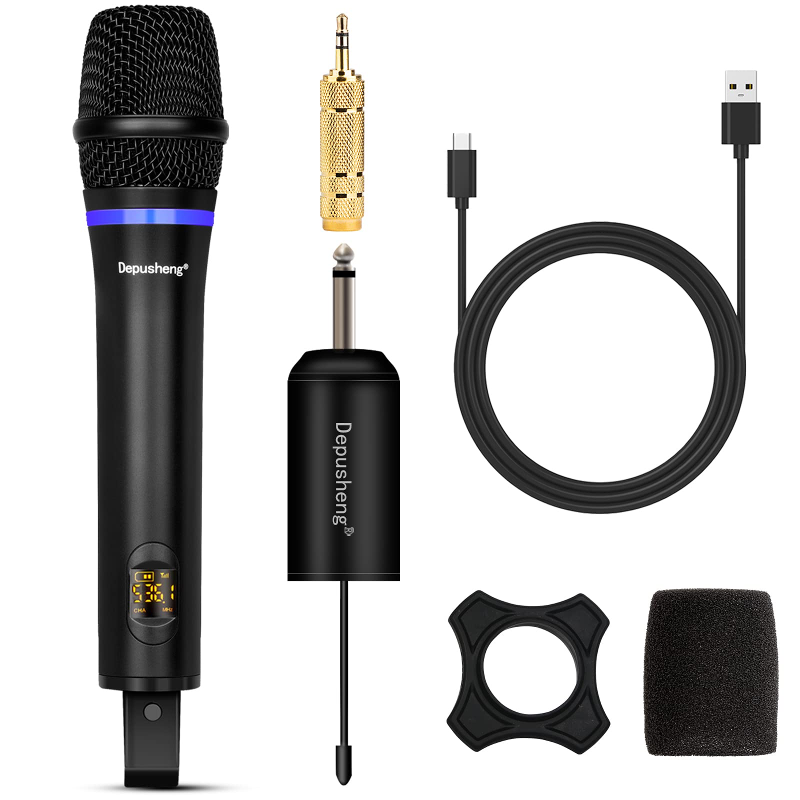 Depusheng Wireless Microphone, UHF Metal Dynamic Handheld Karaoke Mic with Rechargeable Receiver, 1/4”&1/8” Output, for Karaoke Singing, Wedding, DJ, Party, Speech, Church, Class Use W7, Black