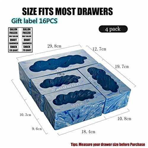 Levvohd 4 Separate Ziplock Bag Storage Organizer, Food Zip lock Bag Storage Organizer for Kitchen Drawer, Compatible with Gallon, Quart, Sandwich & Snack Variety Size Baggie Dispenser (Blue and White