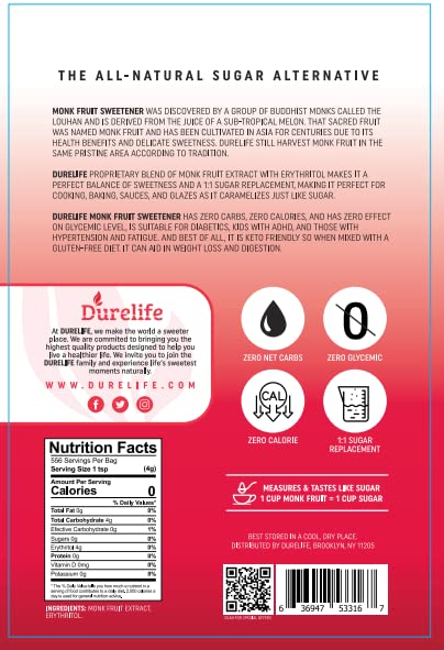 Durelife Monk Fruit Sweetener, Classic - White Sugar Substitute, Keto Diet Friendly, 1:1 Sugar Replacement, Zero Calorie, White Sugar Substitute - 5 lb (Packaging May Vary)