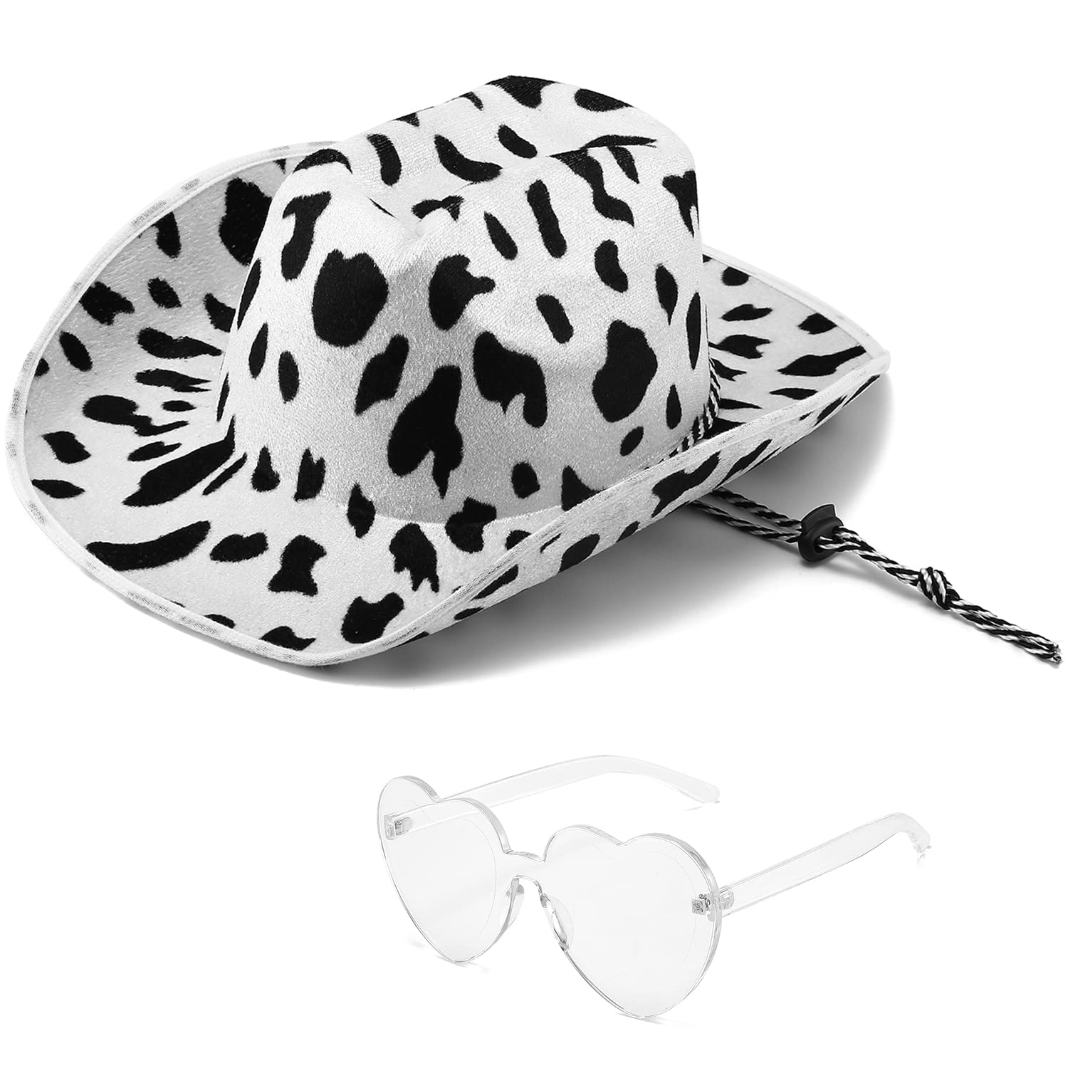 Dollger Cow Print Cowboy Hat for Women and Men: White and Black Cowboy Hat with Clear Glasses for Party