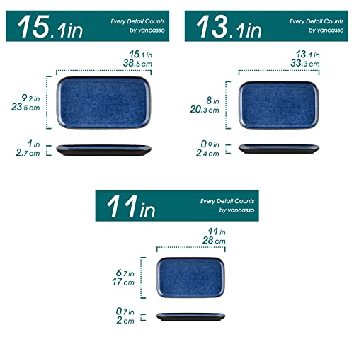 vancasso Stern Serving Platters Set of 3, 15/13/ 11 Inches Rectangular Serving Plates, Blue Serving Trays for Entertaining, Party