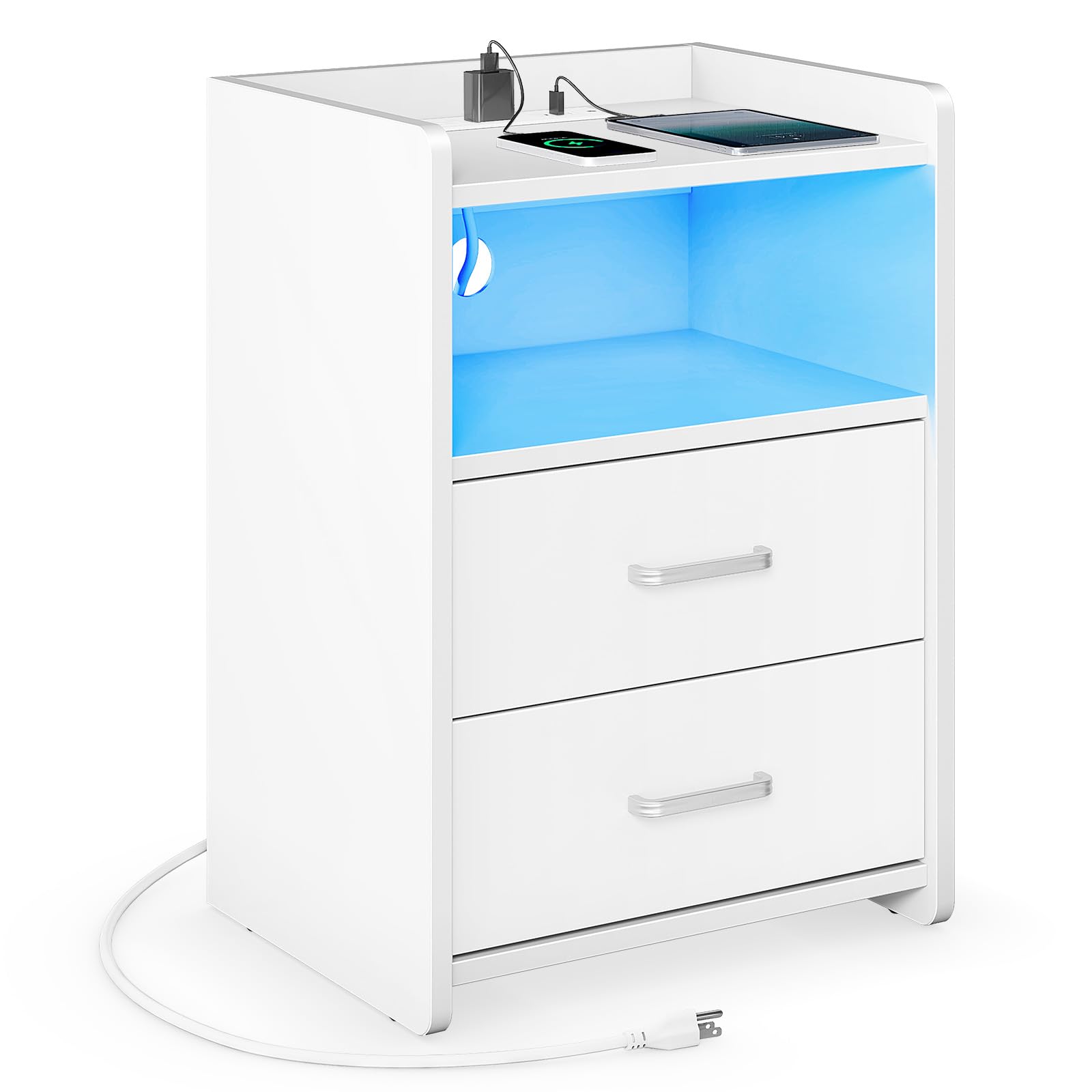 DEPAD Nightstand with Charging Station and LED Light Strip, Night Stands with 2 Drawers, Side Table for Bedroom, LED Black Nightstands (13.78" D x 15.75" W x 23.62" H)