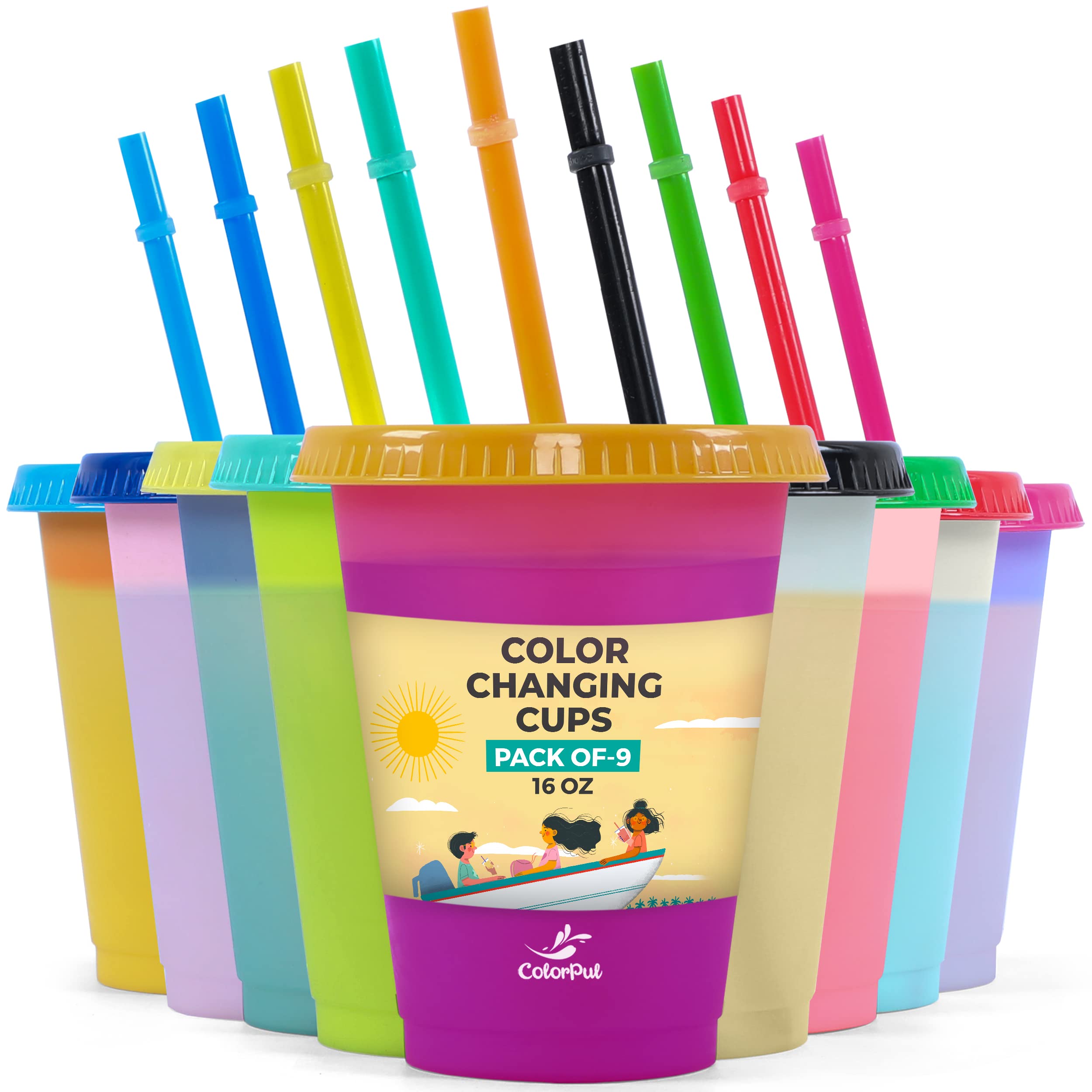 COLORPUL Kids Cups with Straws and Lids- 9 Packs 16 oz- Color Changing Cups - Thick Reusable Insulated Plastic Cups with Straws for Coffee, Smoothie Cups