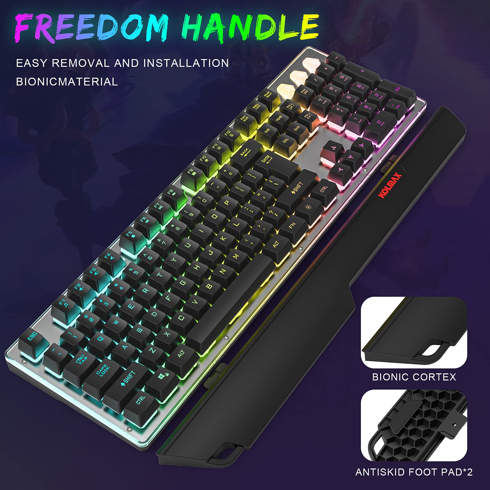 Gaming Keyboard Colorful Rainbow LED Backlit Keyboard with Ergonomic Detachable Wrist Rest,Transparent Aluminum Panel Keyboard with Mechanical Feeling 104 Keys for PC PS4 Xbox Mac,Office/Gaming