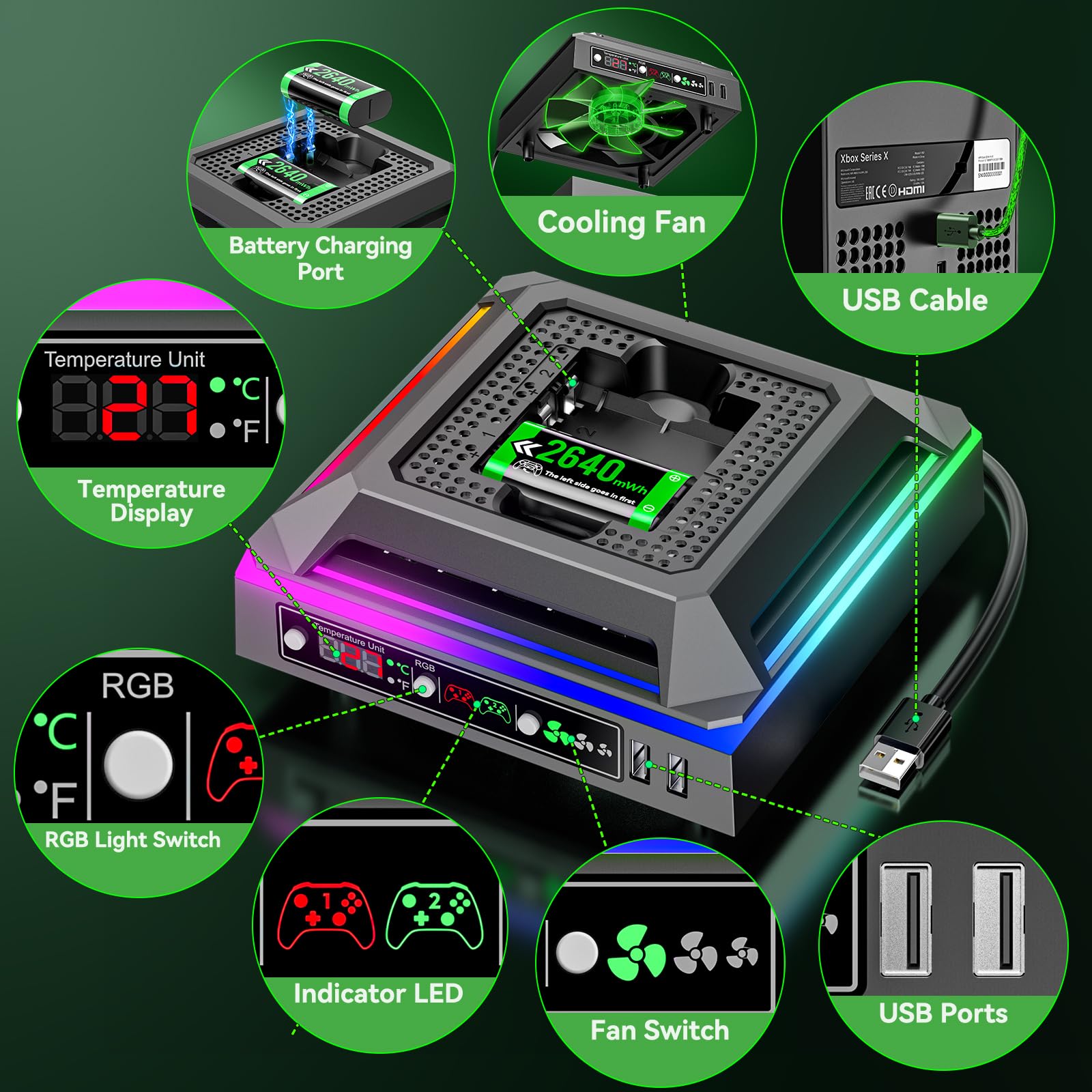 Cooling Fan for Xbox Series X Console with RGB Light, Charger Station with 2 x 2640 mWh Rechargeable Battery Packs for Xbox Series/One-X/S/Elite Controller, Xbox Series X Fan with 3 Gear, TEMP Display