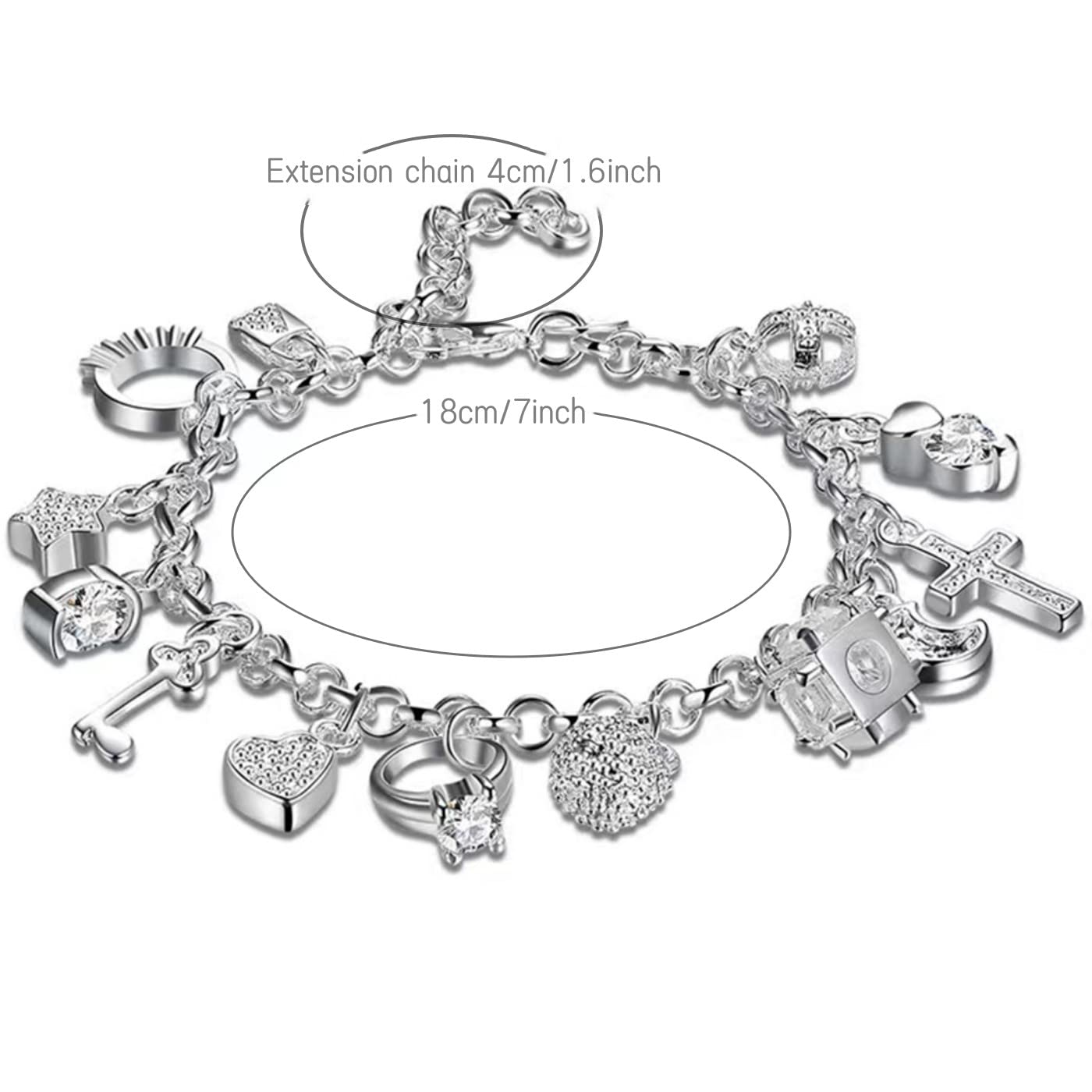 Dicomeng Sterling Silver Bracelet, 13 Small Pendants Charm Bracelet for Women, Adjustable 18+4cm, 925 Silver Plated, Great Gift for Ladies