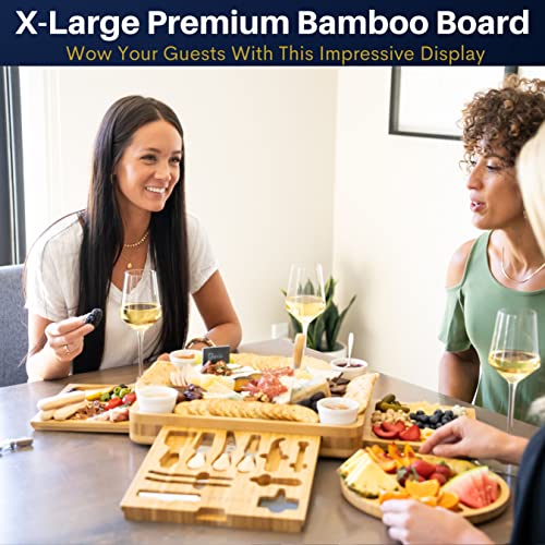 VAREZZA Bamboo Cheese Board and Knife Set Extra Large Charcuterie Board Set - Serving Board, Side Cheese Tray, Round Bamboo Fruit Cheese Platter, 23 Entertaining Accessories for House Warming Gift