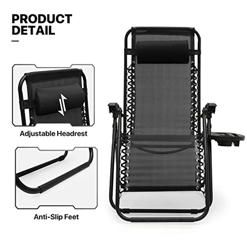 MoNiBloom 2 Pack Patio Zero Gravity Chair Outdoor Folding Adjustable Reclining Black Chairs Pool Side Beach Lawn Lounge Chair with Pillow and Cup Holder, 330lbs Capacity, Black