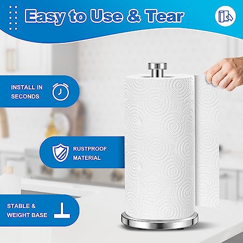 SMARTAKE Paper Towel Holder, Standing Kitchen Roll Holder with Suction Cups, One-Hand Tear Paper Towel Stand, Non-Slip Weighted Base, Fit Most Paper Rolls, for Kitchen Table Countertop, Silver