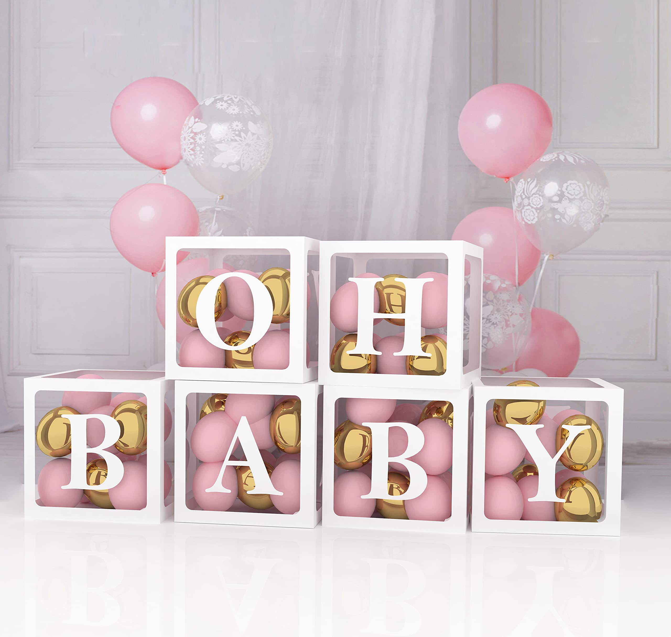 POSHBEBE Baby Shower Decorations for Girl and Boy - 6 Clear Boxes with OH and BABY Stickers - Gender Reveal Transparent Box for Balloons, Birthday, Bridal Shower And Wedding Decorations