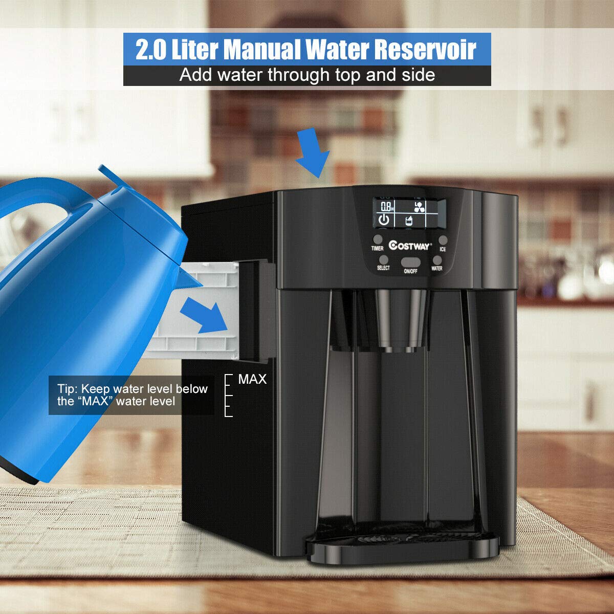 Refrigeration Modern High-Efficiency Maker Water Dispenser Countertop 36Lbs/24H LCD Display Portable Black Portable 2 In 1 Ice Ice-Making Restaurants, Bars Canteens, Snack