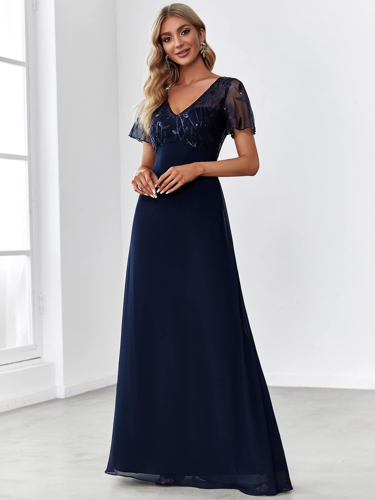 Ever-Pretty Women's Short Sleeve Sweetheart Illusion Wedding Party Maxi Dress Navy US14