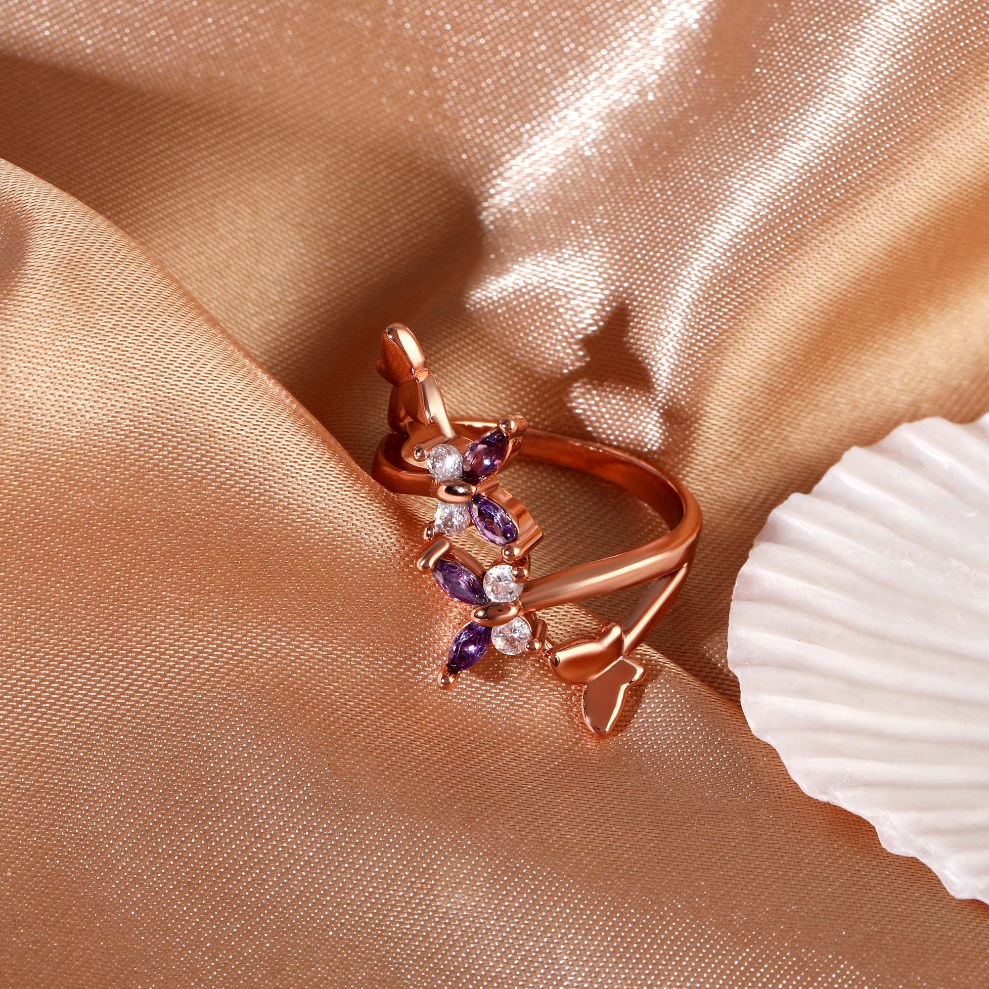 DOZZIOR 18K Rose Gold Plated Adjustable Rings Butterfly Ring for Women Girls Stacking Statement Open Rings (Butterfly Rings A)
