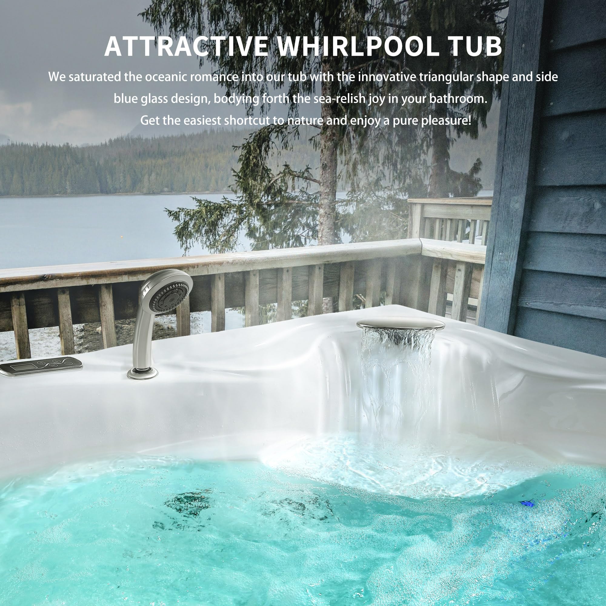Empava Corner Whirlpool Bathtub with Heater,2 Person Jetted Tub with Light,Spa Hydromassage with Chromatherapy,Acrylic,59 in
