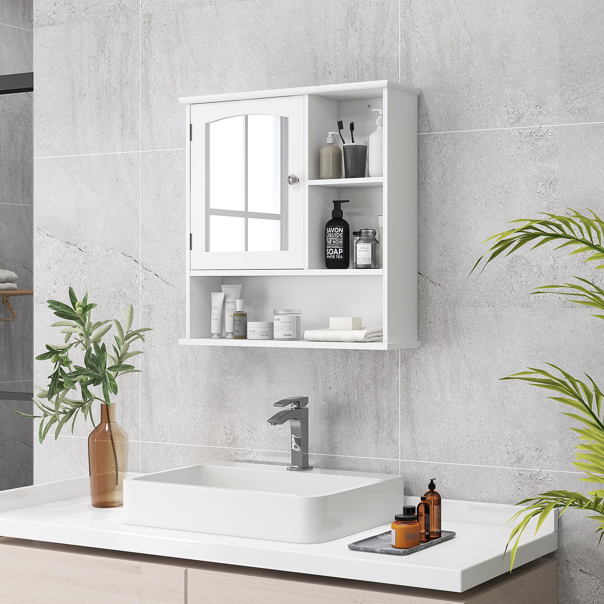 kleankin Bathroom Medicine Cabinet with Mirror, Wall-Mounted Bathroom Cabinet with Adjustable Shelf for Living Room and Laundry Room, White