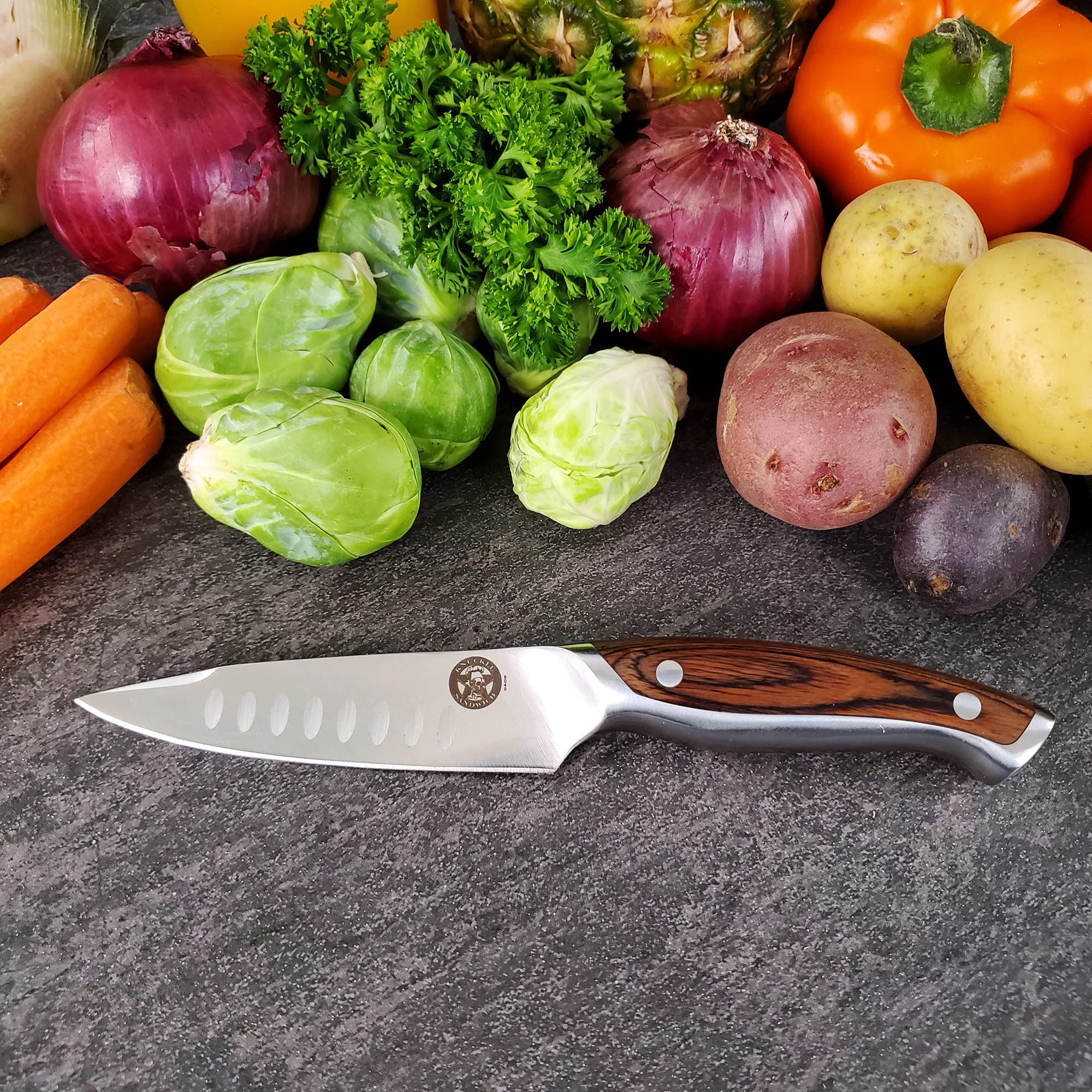 Ergo Chef Guy Fieri Knuckle Sandwich 4-Inch Paring Knife 8041 Premium 7CR17MoV Stainless Steel Blade Hollow Ground Blade Custom Style Tip, Ergonomic Pakkawood Handle