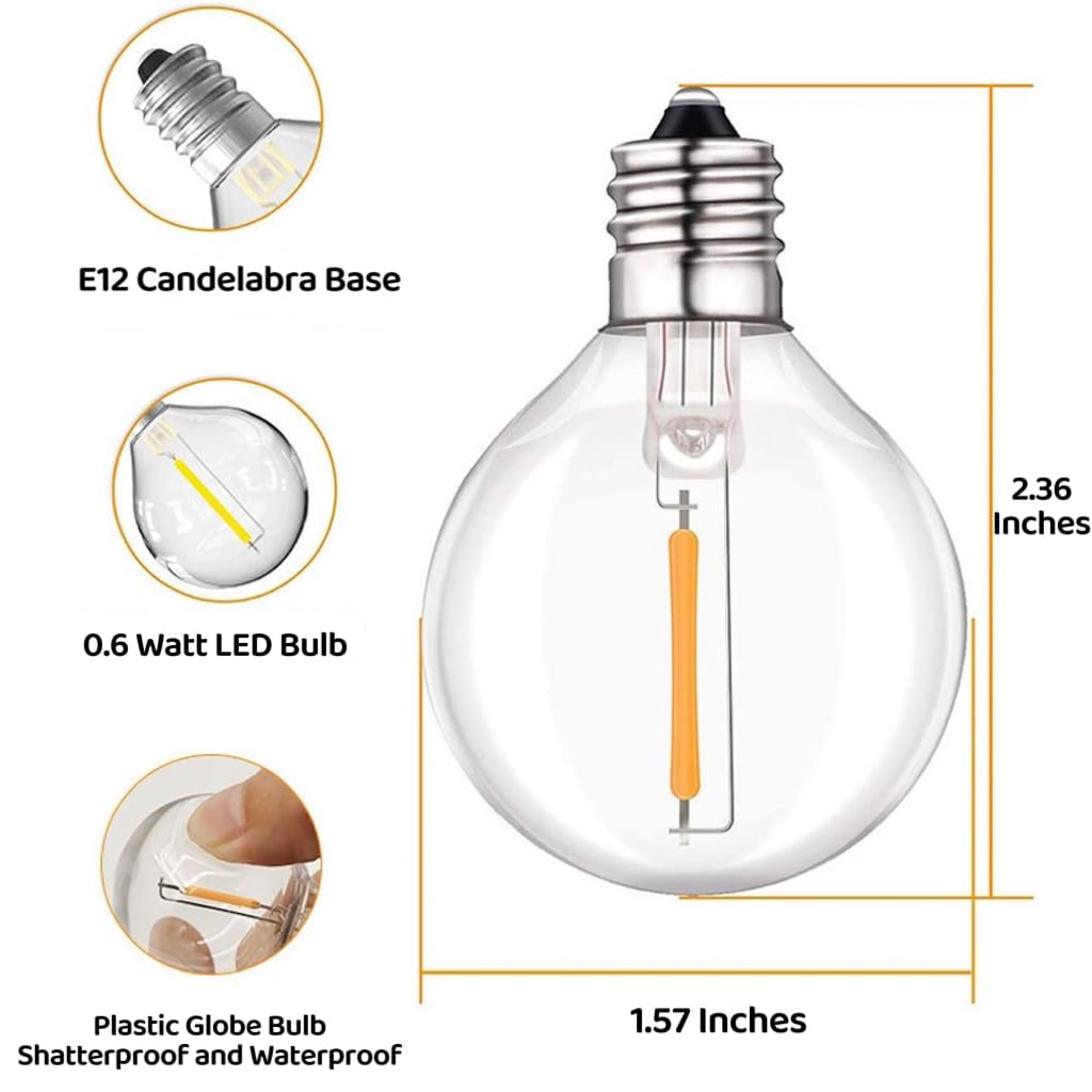 G40 Led Replacement Light Bulbs, E12 Screw Base Shatterproof Globe Light Bulbs for Outdoor String Lights, 0.6W Chandelier Bulbs Equvalent to 5 Watt Incandescent Bulbs, 2700K Warm White, 25 Pack