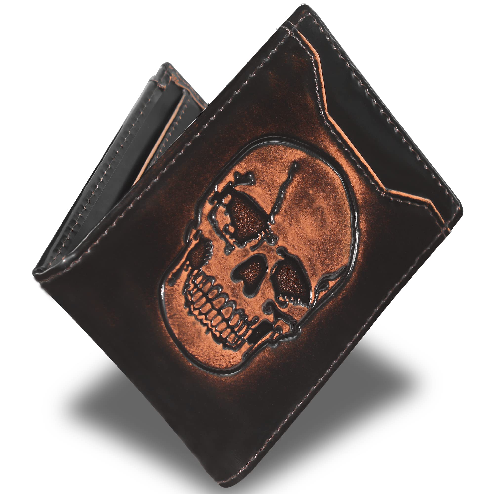 DK86 Men's Leather Skull Slim Wallet with Money Clip Minimalist Bifold Front Pocket wallet for Men RFID Blocking Geuine Leather with Hand Burnished (Black Skull)