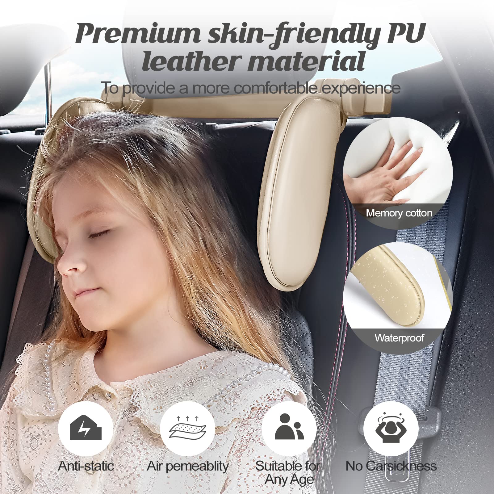 SanLead Car Headrest Pillow Beige, Adjustable Car Seat Head Neck Support, Memory Foam Road Pal Headrest, U Shaped Kids Car Sleeping Pillow for Travel