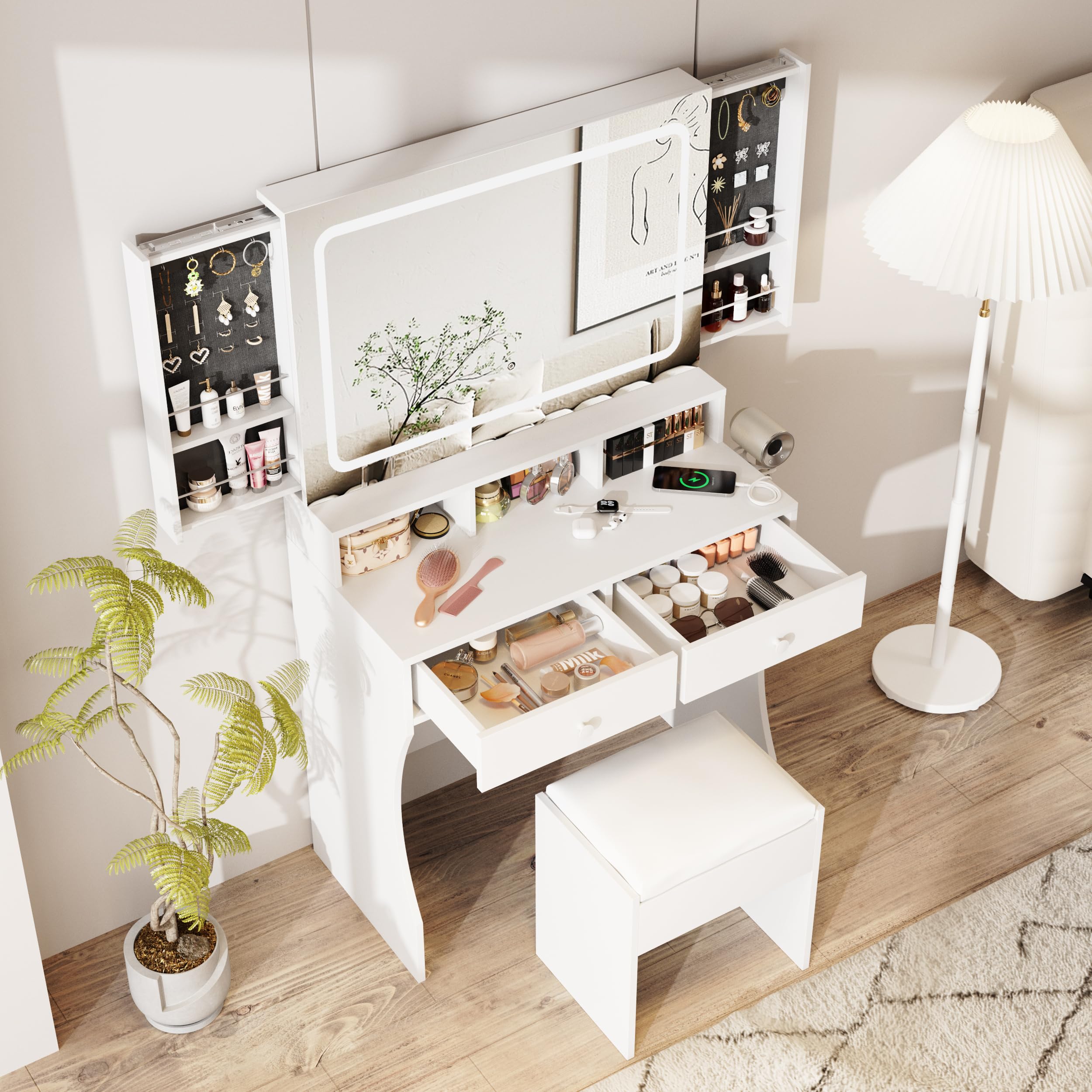 Makeup Desk with Mirror and Lights, White Dressing with Charging Station & Chair, Vanity Desk with Sliding Jewelry Storage Shelves&3 Lighting Modes, Vanity with 2 Large Drawers,Vanity for Women&Girls