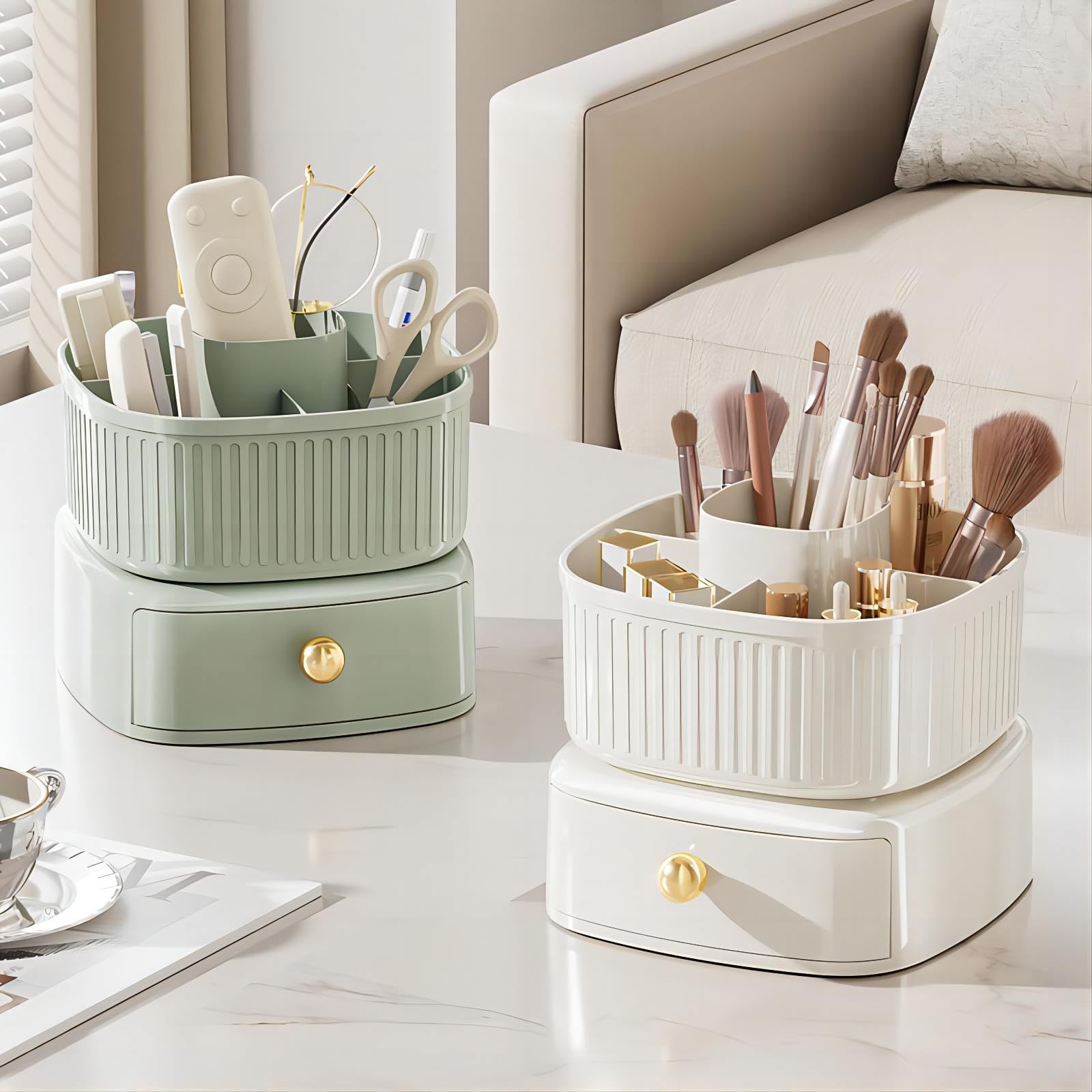 DASITON Stackable Makeup Organizer,Makeup Brush Holder With 360°Rotating Makeup Organizer Tray,Cosmetic Holder Shelf(Green)