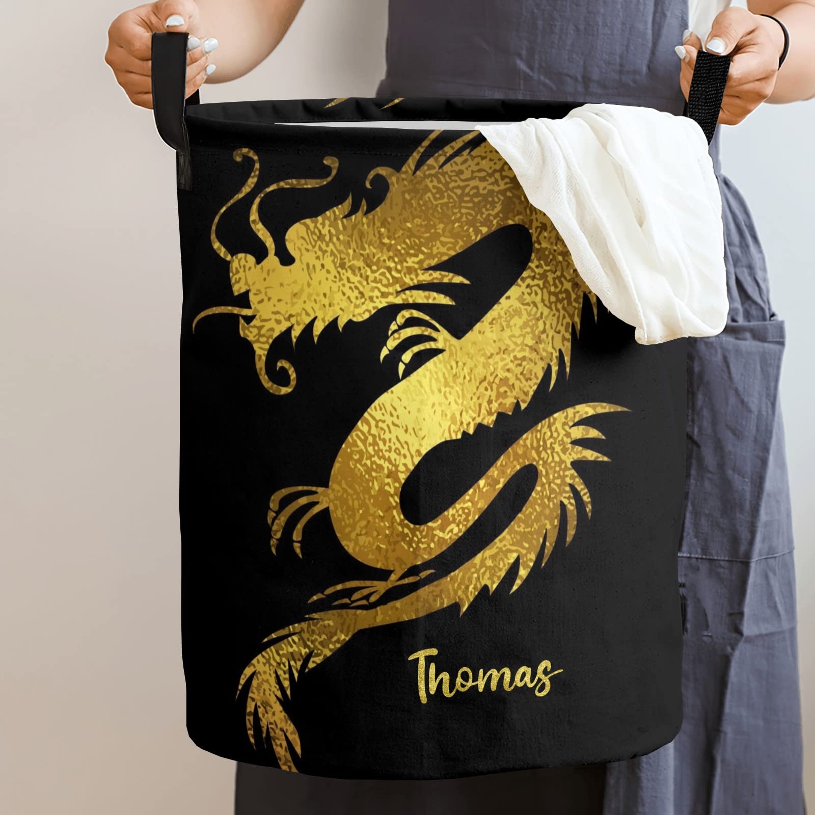 Golden Dragon Personalized Laundry Hamper,Custom Name Collapsible Waterproof Laundry Basket Storage Bins with Handle for Clothes,Toy,Nursery