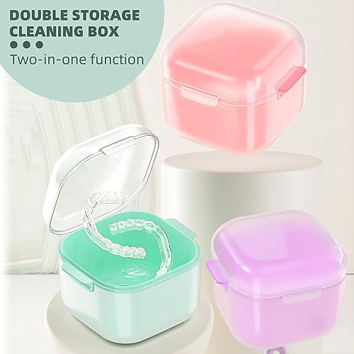OFIDUS Denture Bath Case, Denture Cups for Soaking Dentures, Retainer Cleaning Case with Strainer Basket, Portable False Teeth Container, Soak Container for Retainer, Braces, Mouthguard (Purple)