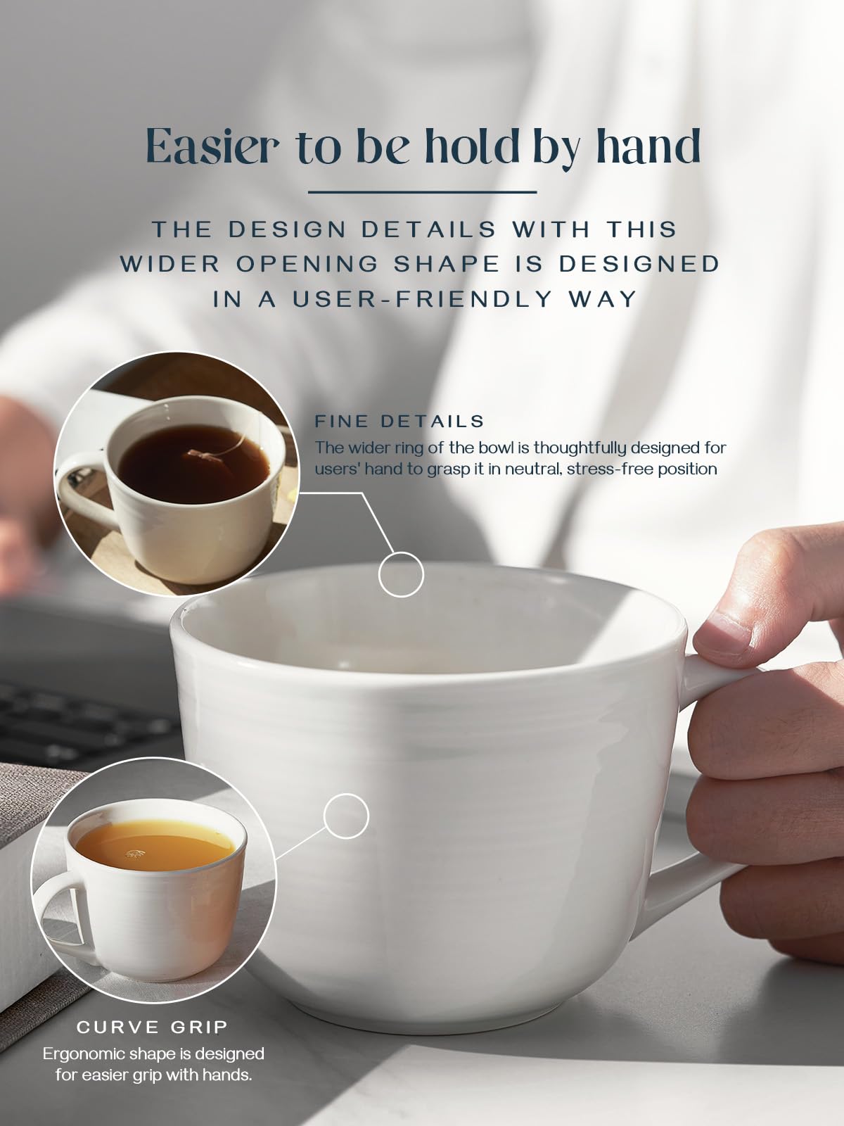 DOWAN Coffee Mug, 17 Oz Soup Mugs with Handle, Wide Large Coffee Mugs for Latte, Cappuccino, Tea, White Coffee Mugs Dishwasher & Microwave Safe, Set of 2, Wedding Gift