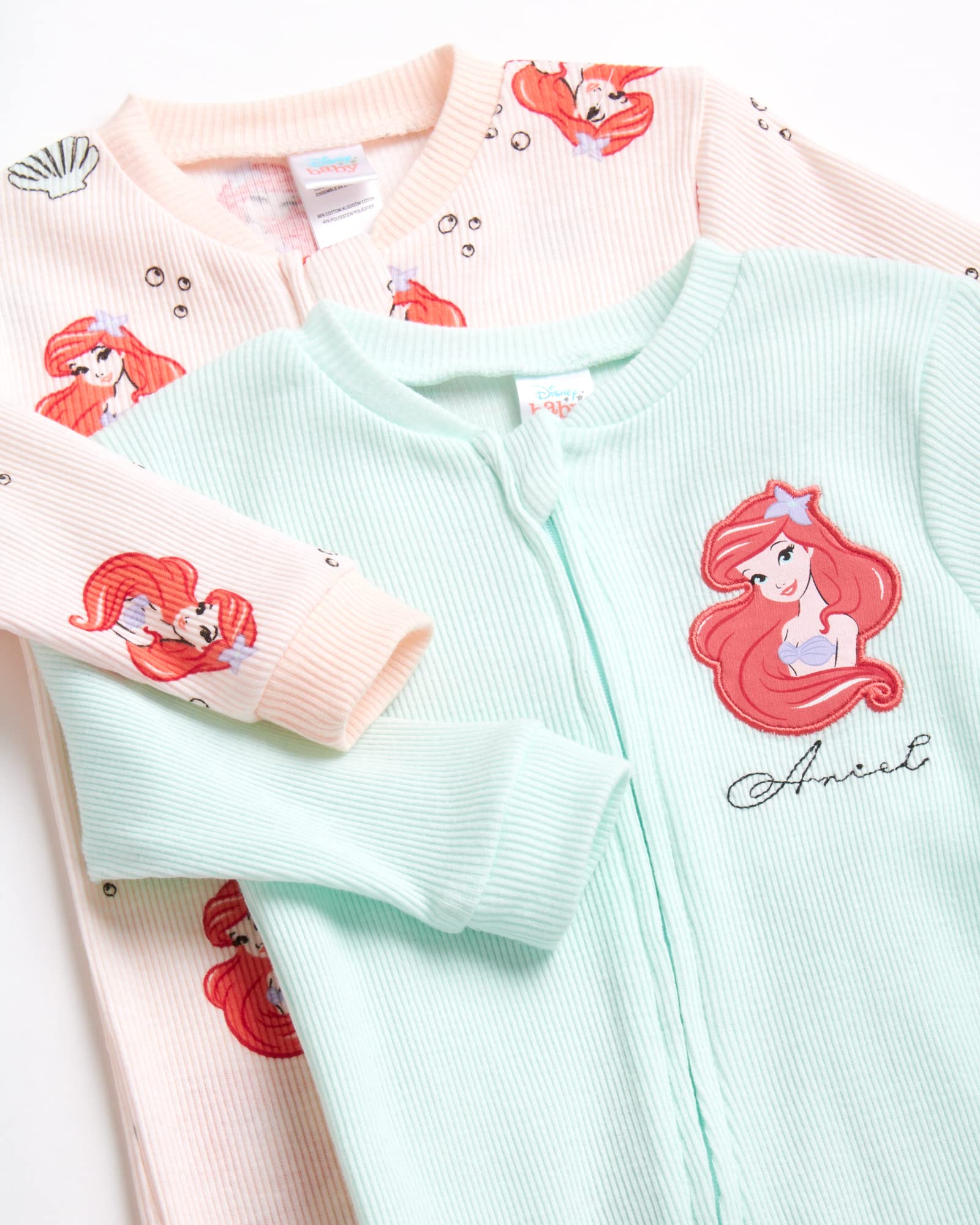 Disney Baby Girls' Minnie Mouse Romper - 2 Pack Footed Bodysuit Coveralls (0-9M), Size 6-9 Months, Pink Ariel Mermaid