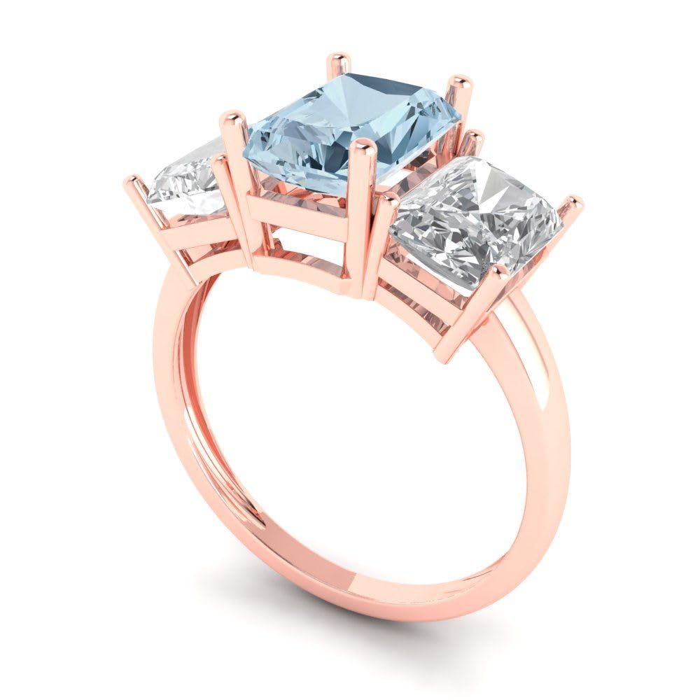 Clara Pucci 4.0 ct Emerald Cut 3 Stone Solitaire Genuine Natural Aquamarine Engagement Promise Anniversary Bridal Ring 18K Rose Gold 3.5