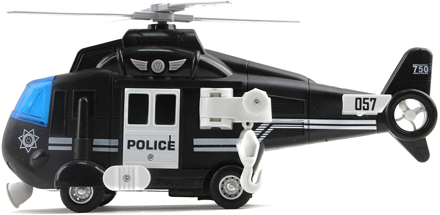 WolVolk Police Helicopter - Solid Built Push & Go Chopper Toy with Lights & Sounds - Aids Hand-Eye Coordination for Kids Boys & Girls (Black)