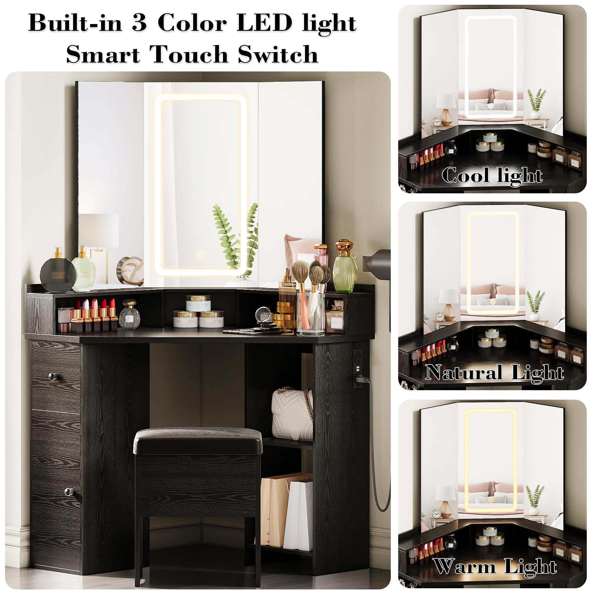 IRONCK Corner Vanity Desk Set with 3-Folding Lighted Mirrors, Makeup Vanity Table with Charging Station, 7 Storage Shelves and Storage Bench for Bedroom, Black