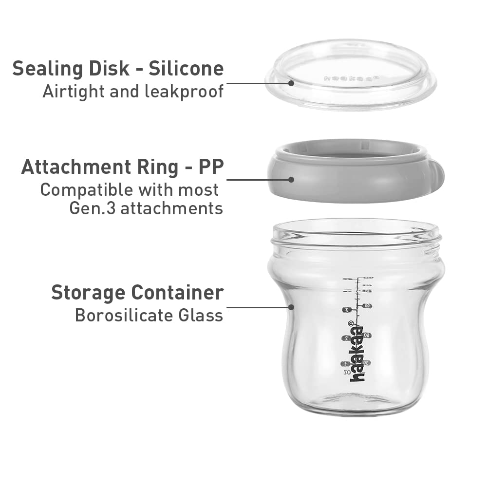haakaa Gen.3 Glass Milk Storage Container, Baby Food Storage Container with Lid, Wide Neck Food Storage Container, Grey, 6oz/180ml