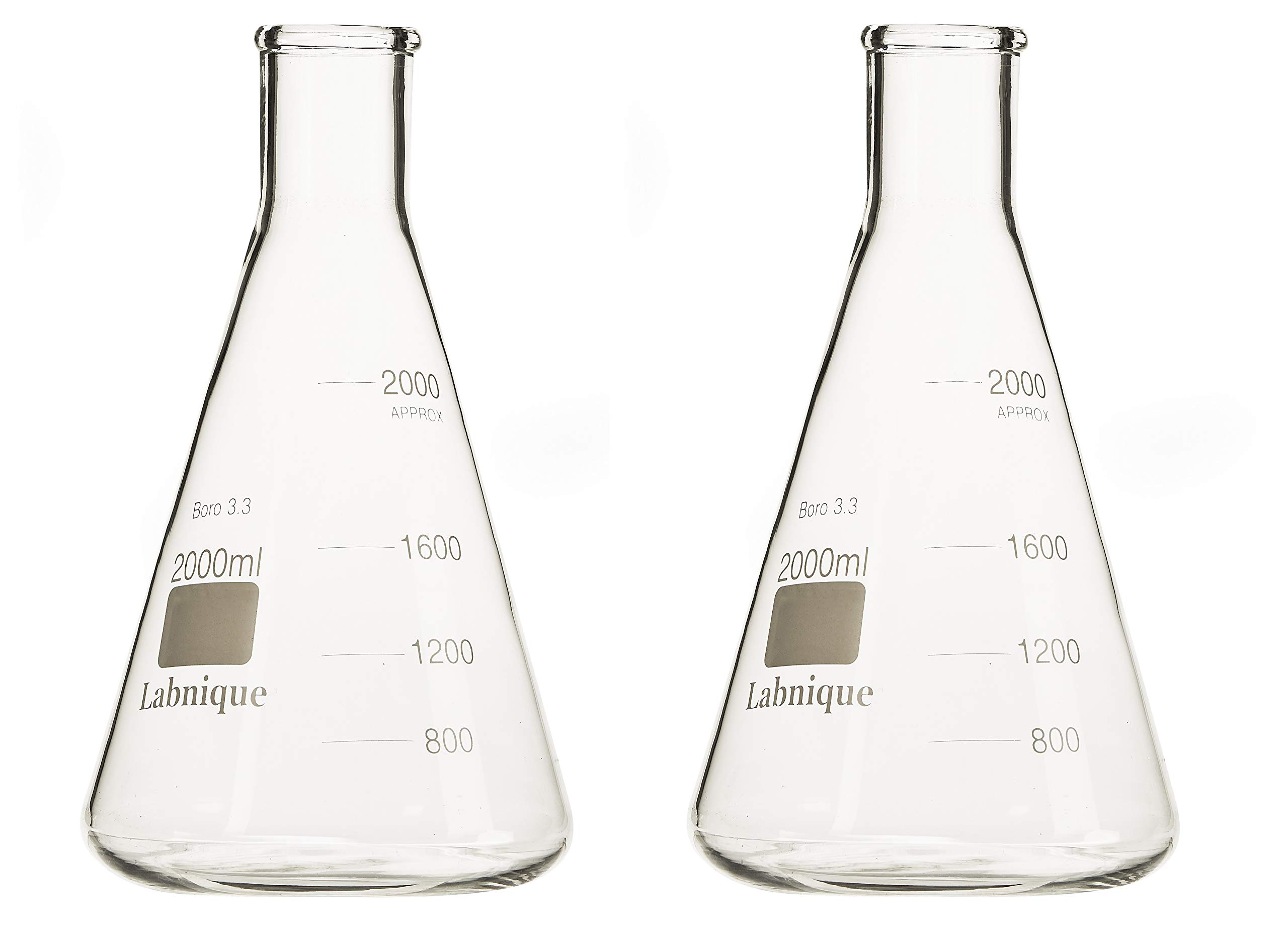 Labnique Borosilicate 3.3 Glass Conical Flask, Erlenmeyer Flask with Narrow Mouth, Graduated, Double Boxed, 2000ml (Pack of 2)