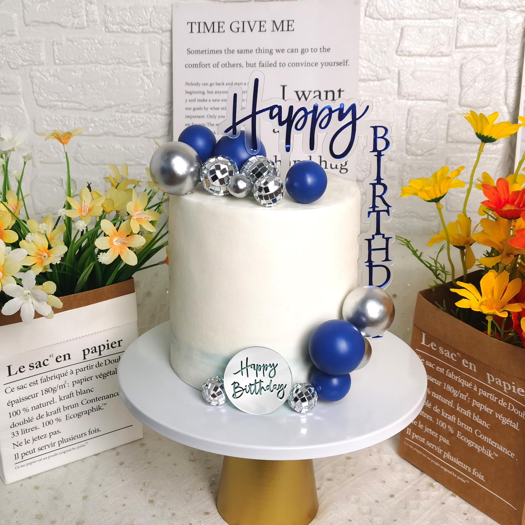 Man Cake Topper Blue Silver Disco Ball Cake Topper Boho Cake Topper Decorations for Navy Blue Boho Wedding Man Boy Birthday Party Baby Shower Supplies (Blue 02)