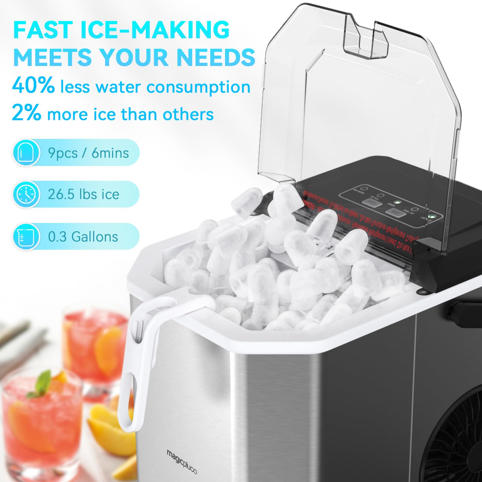 magicplux Ice Makers Countertop, Ice Machine with Carry Handle, 9 Cubes in 6 Mins, 26.5 lbs per Day, Self-Cleaning Portable Ice Maker for Home/Kitchen/Office/Party/RV