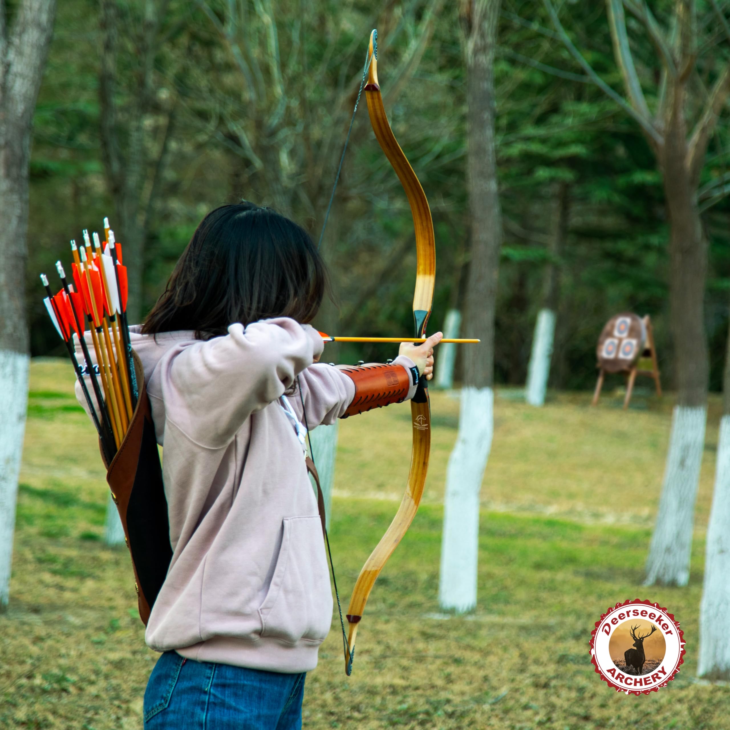 Deerseeker Archery 52" Longbow Traditional Handmade Recurve Bows Ambidextrous Horsebows for Adults & Youth Hunting Target Shooting (horsebow Set 55lbs)