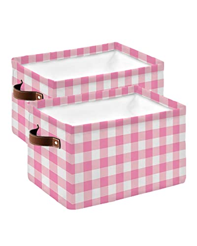 Cube Storage Bins Cloth Towel Organizer Valentine's Day Easter Pink Plaid Checkered Fabric Collapsible Storage Baskets with Handles for Home Office Closet Shelves Toy Nursery 2 Pack