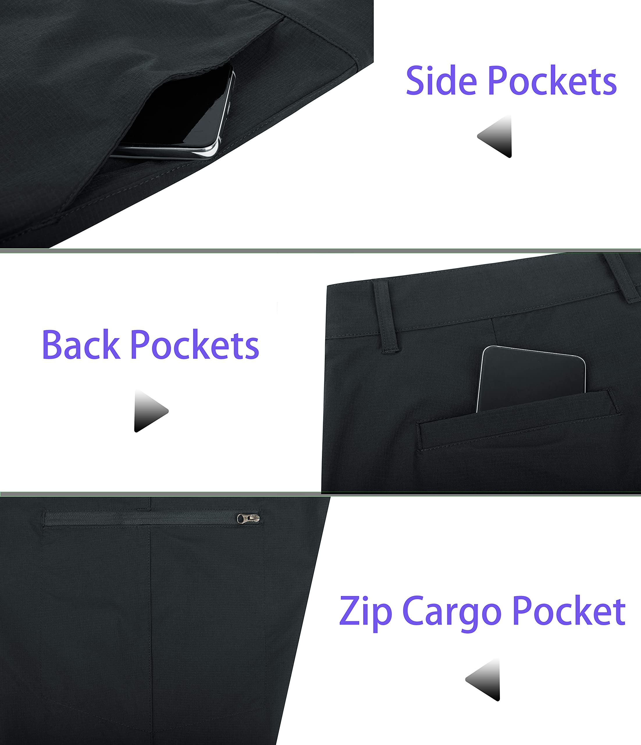 Derminpro Men's Waterproof Quick Dry Pocketed Stretch Zip Pockets Hiking Shorts Black Large