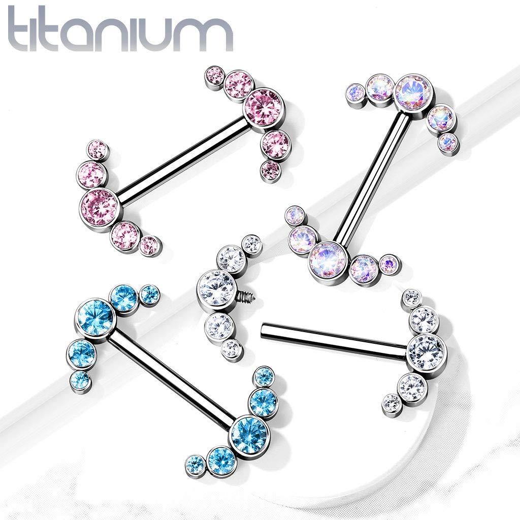 Dynamique Implant Grade Titanium Nipple Barbells With CZ Bezel Set Internally Threaded 5-CZ Curve Ends (Sold Per Pair Or Per Piece)