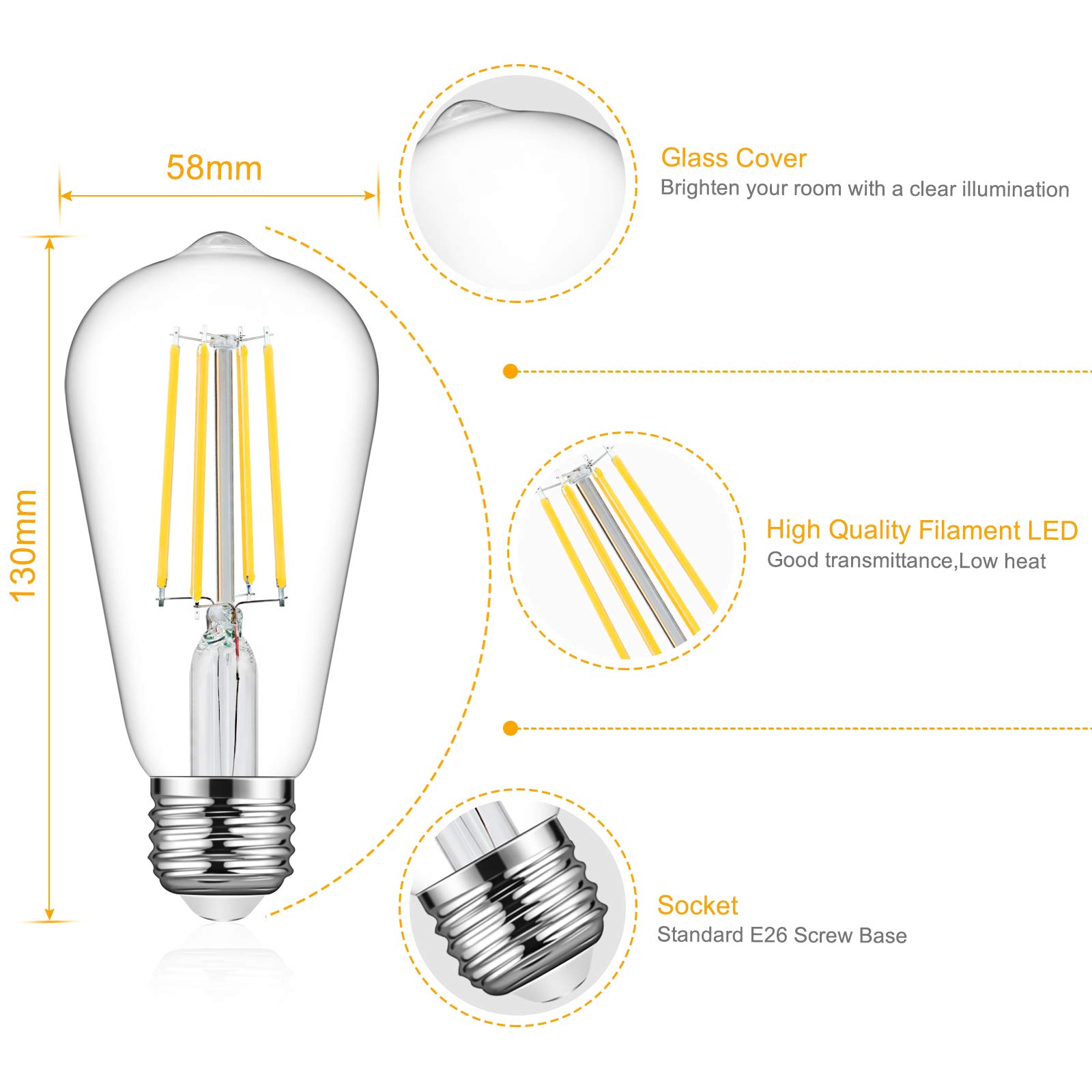Defurhome LED Edison Bulbs, 60W Equivalent, 700Lumens, Daylight White 4000K, 6W ST58 LED Filament Light Bulbs with 80+ CRI, Antique Style Lighting, E26 Medium Base, Non Dimmable - Pack of 5