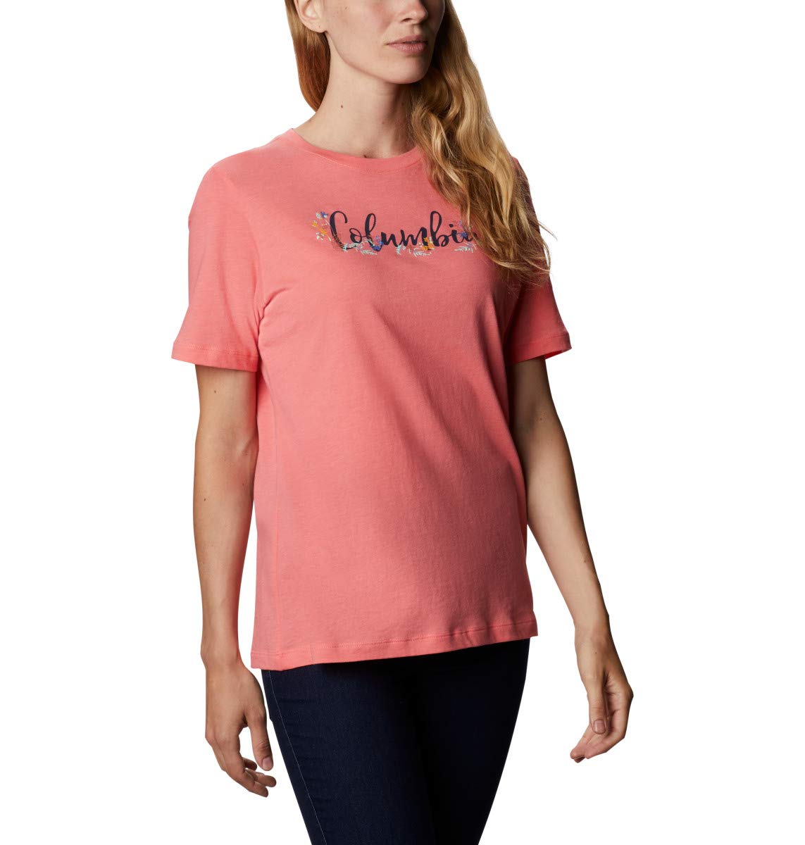Columbia Women's Bluebird Day Relaxed Crew Neck, Blossom Pink Heather/Outlined Brand, X-Large