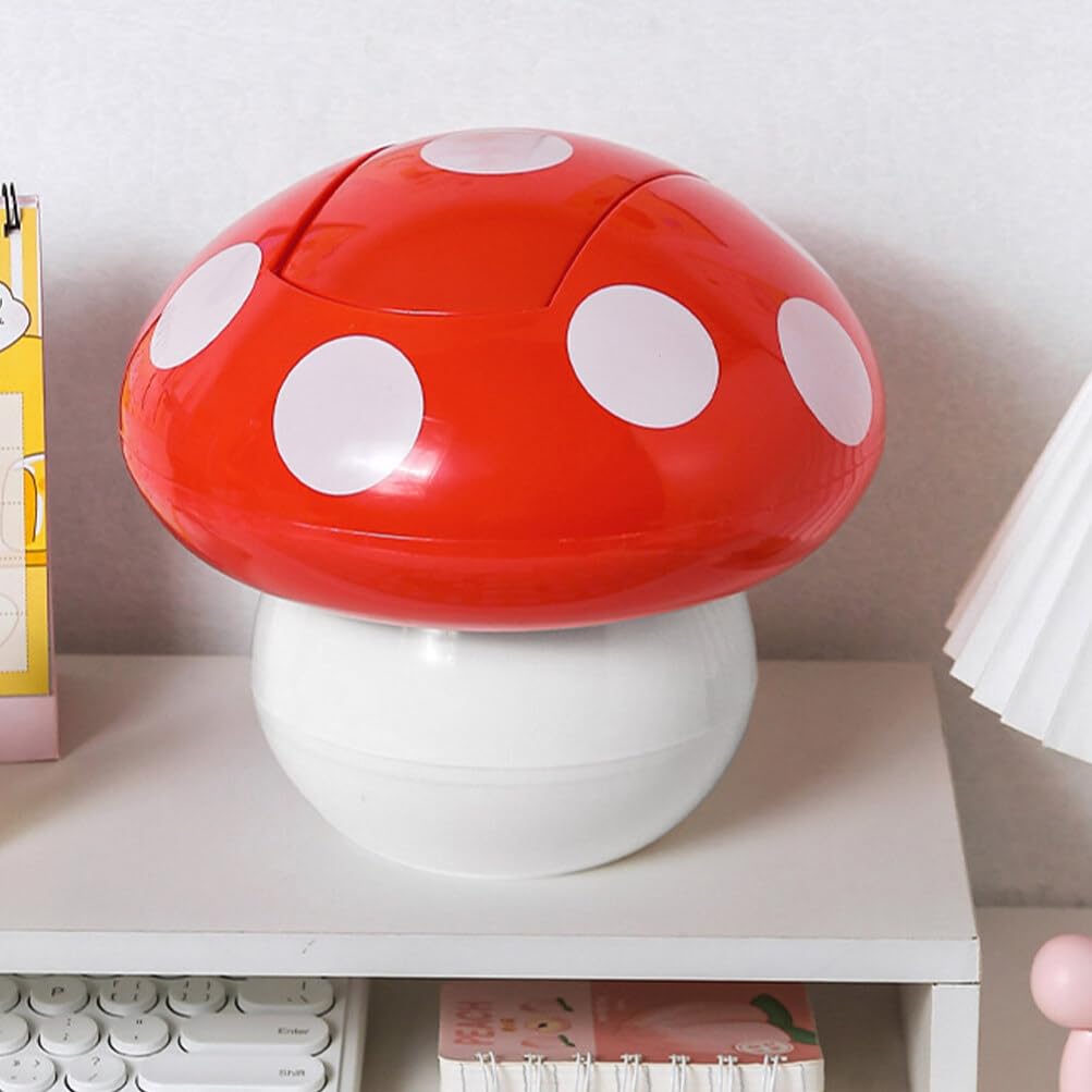 HOLIDYOYO Cute Trash Can Mushroom Waste Bin Desktop Trash Can Wastebasket Mini Desk Trash Can with Lid Creative Tiny Countertop Garbage Can Small Plastic Storage Bin Home Accessory