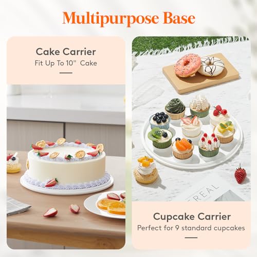 Lifewit Cake Carrier with Lid and Handle, Two Sided Cupcake Carrier Holder for 10β Cake or 9 Standard-Sized Cupcakes, Plastic Round Cake Transport Storage Container Stand for Pies and Cookies, White