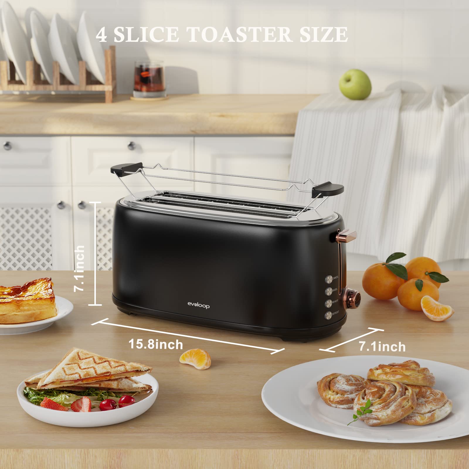 Evoloop Toaster 4 Slice, Stainless Steel Bread Toasters, 6 Bread Shade Settings, Reheat, Bagel, Defrost, Cancel Function, 1.5" Extra Wide Slots,Removable Crumb Tray(Black)