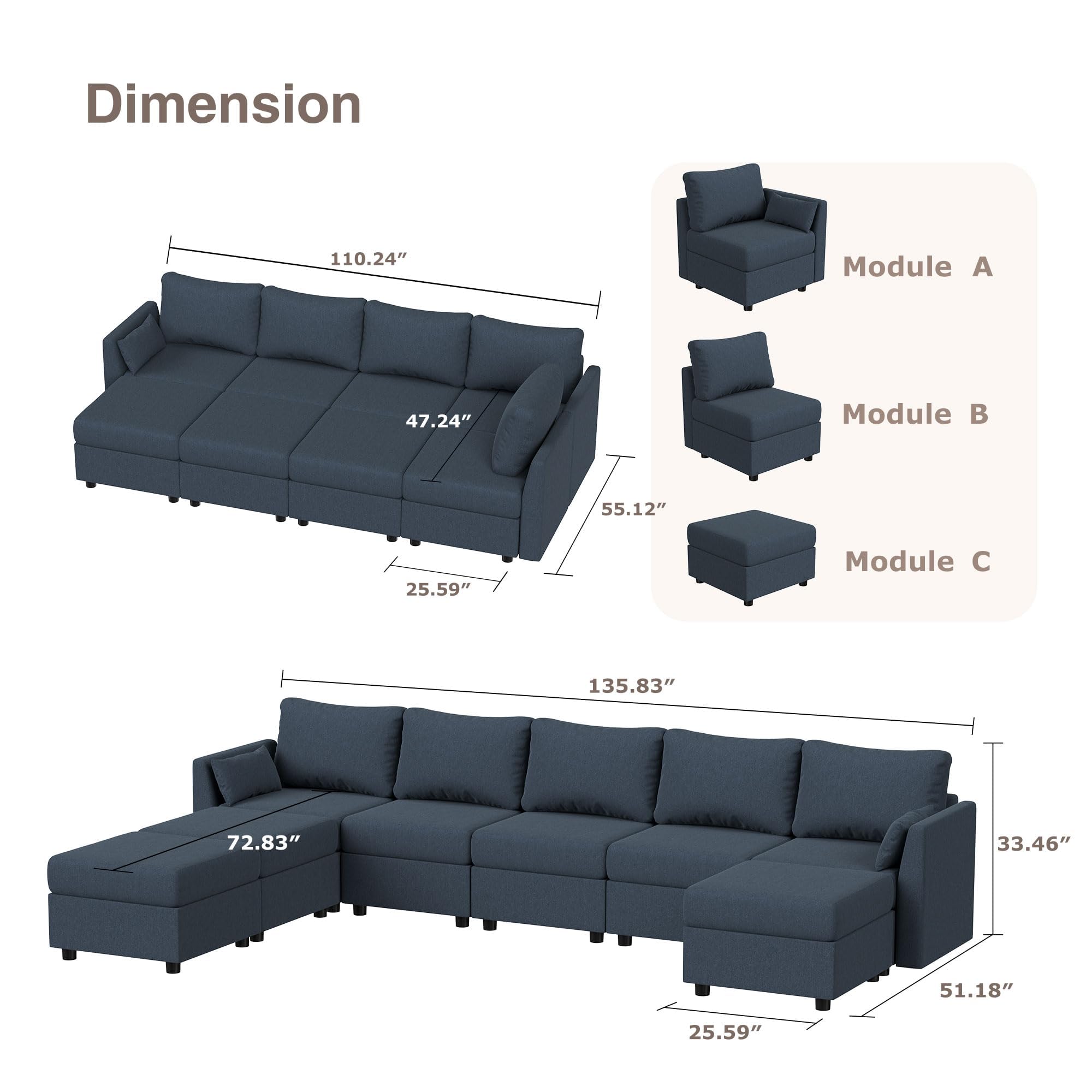 Mangodan Modular Sectional Sofa with Storage, Convertible 8 Seat Sectional Couches for Living Room, U Shaped Sectional Sofa with Chaise, Comfy Sectional Sleeper Sofa, High Supportive Sponge-Dark Grey