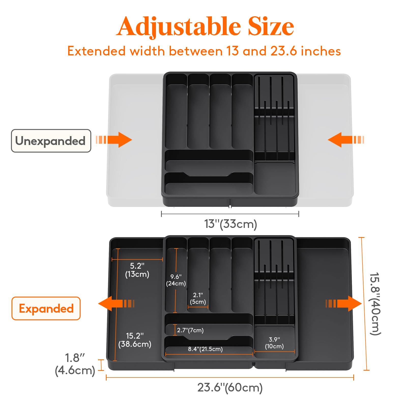Lifewit Silverware Organizer for Kitchen Drawers, Expandable Utensil Tray with Removable Knife Block, Adjustable Cutlery and Flatware Holder, Plastic Spoon Forks Holder Storage Divider, Large, Black