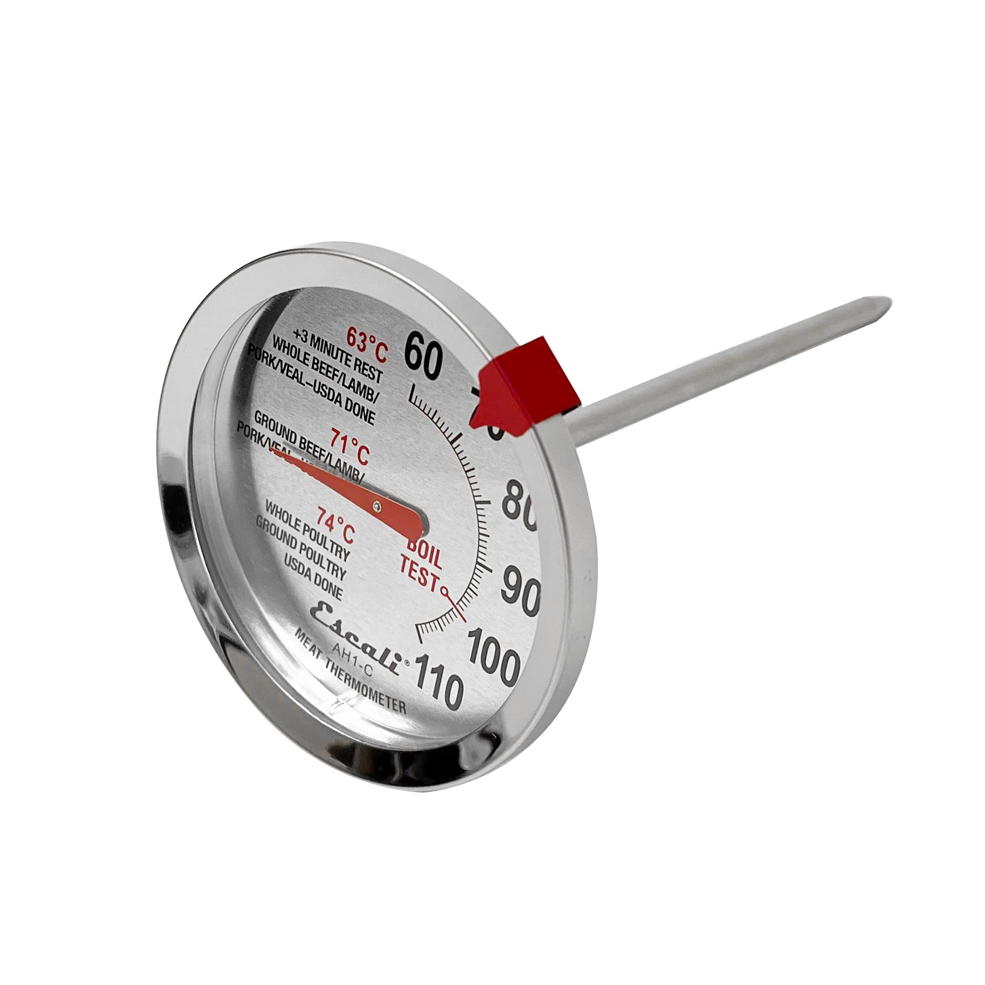 Escali AH1 Stainless Steel Oven Safe Meat Thermometer, Extra Large 2.5-inches Dial, Temperature Labeled for Beef, Poultry, Pork, and Veal Silver NSF Certified