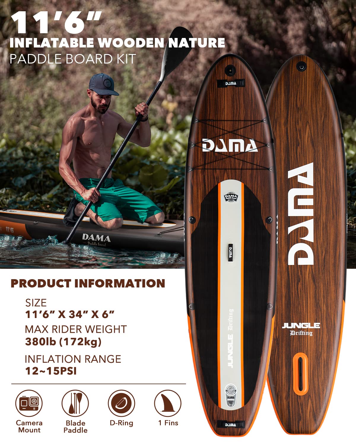 DAMA Inflatable Stand Up Paddle Board 11‘6“*34”*6 Wide Sup W/Accessories | Pump, Lightweight 4 pcs Kayak Paddle Floating, Fishing Board,Surfing Board
